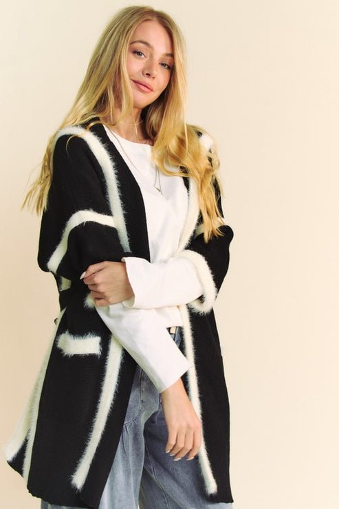 TEEK - Black Fuzzy Trim Open Front Loose Fit Cardigan - TEEK
