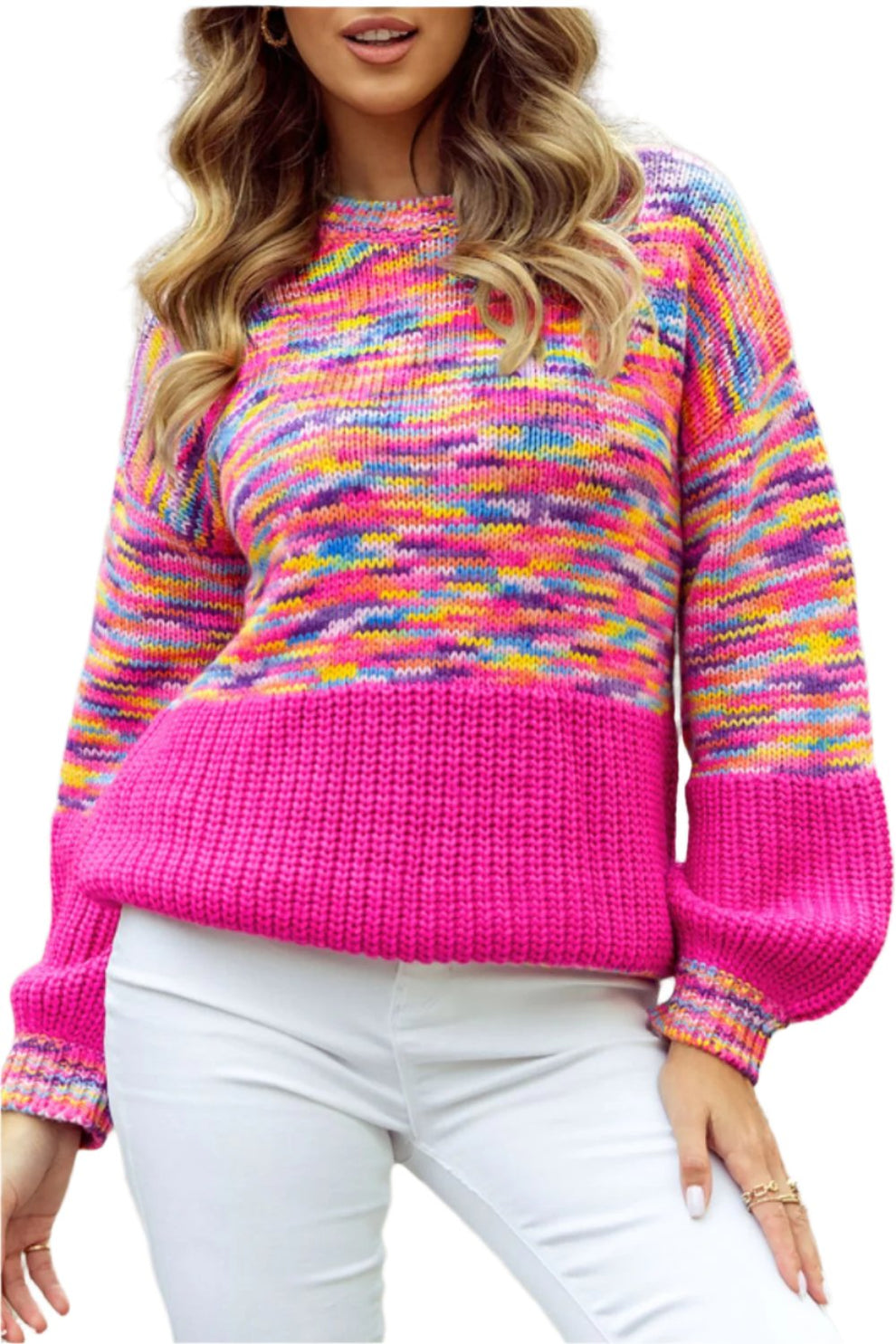 TEEK - Hot Pink Rainbow Confetti Drop Shoulder Sweater - TEEK