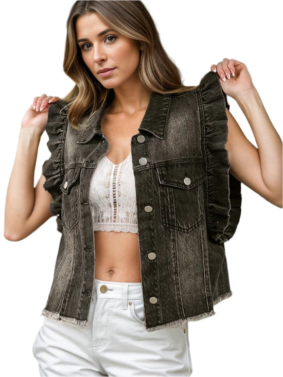 TEEK - Raw Hem Ruffled Cap Sleeve Denim Jacket - TEEK