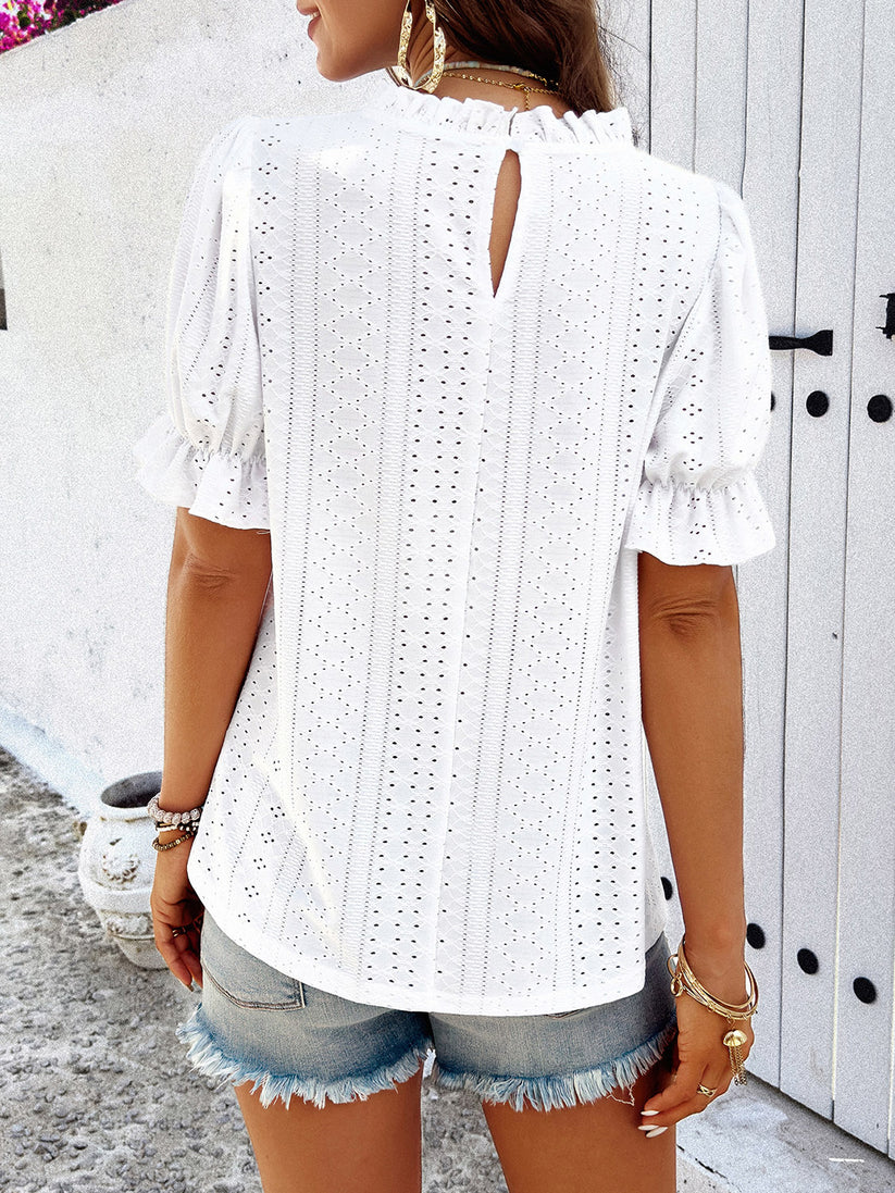 TEEK - Eyelet Mock Neck Flounce Sleeve Blouse - TEEK